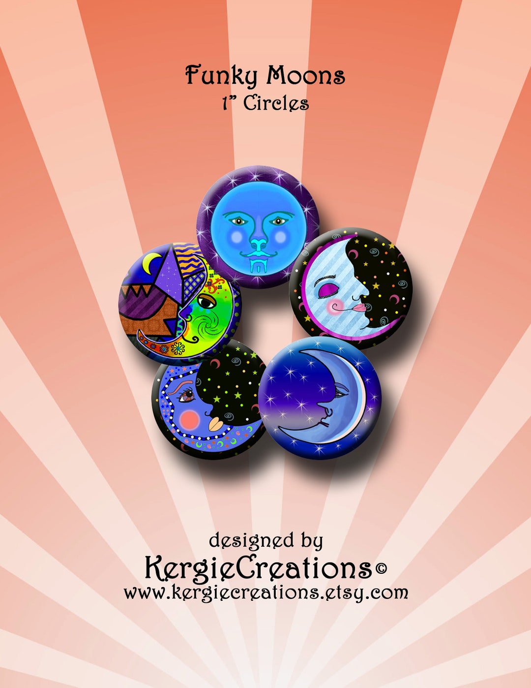 FUNKY MOONS - Digital Collage Sheet 1 Inch Round Images for Bottle Caps ...