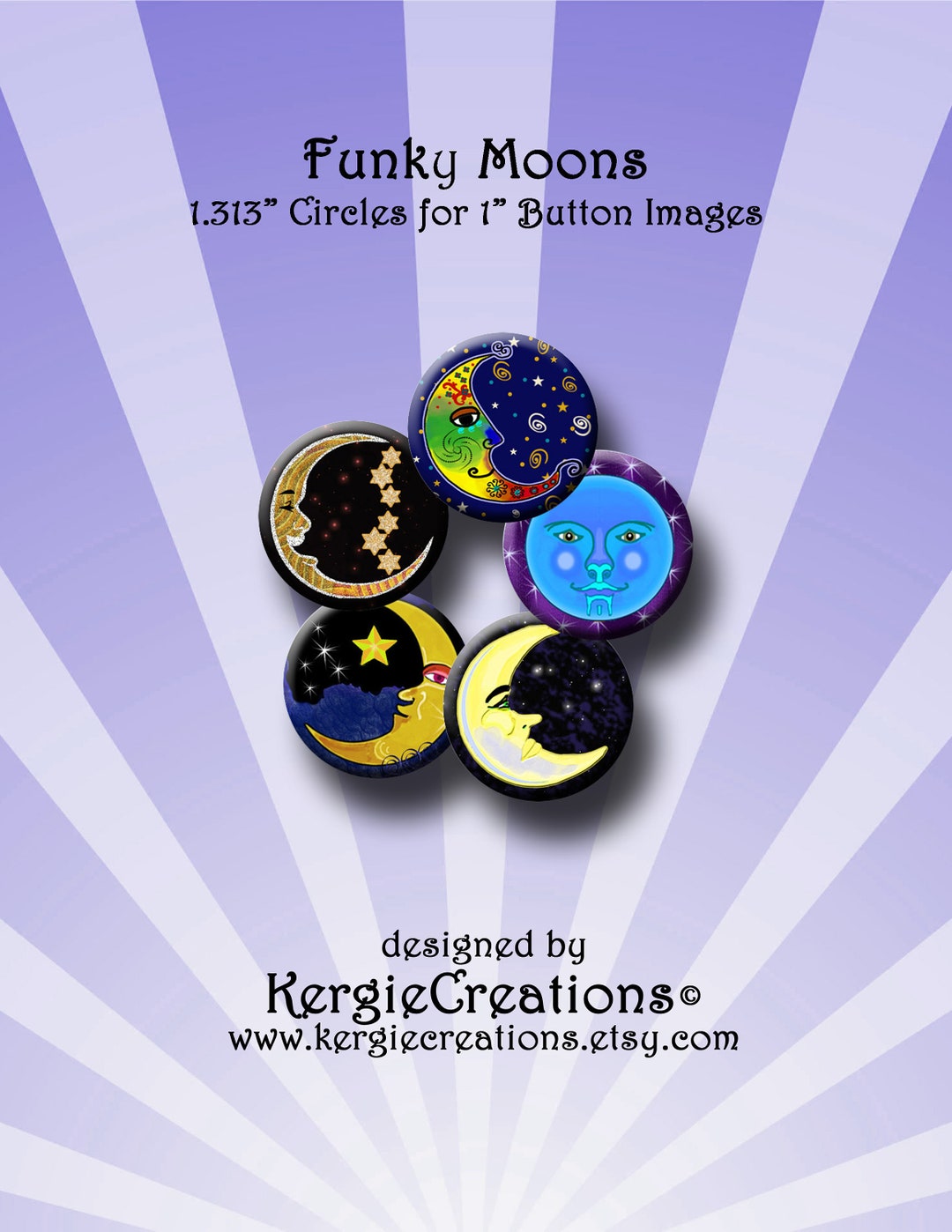 FUNKY MOONS - Digital Collage Sheet 1.313" Circles for 1" Button Images ...