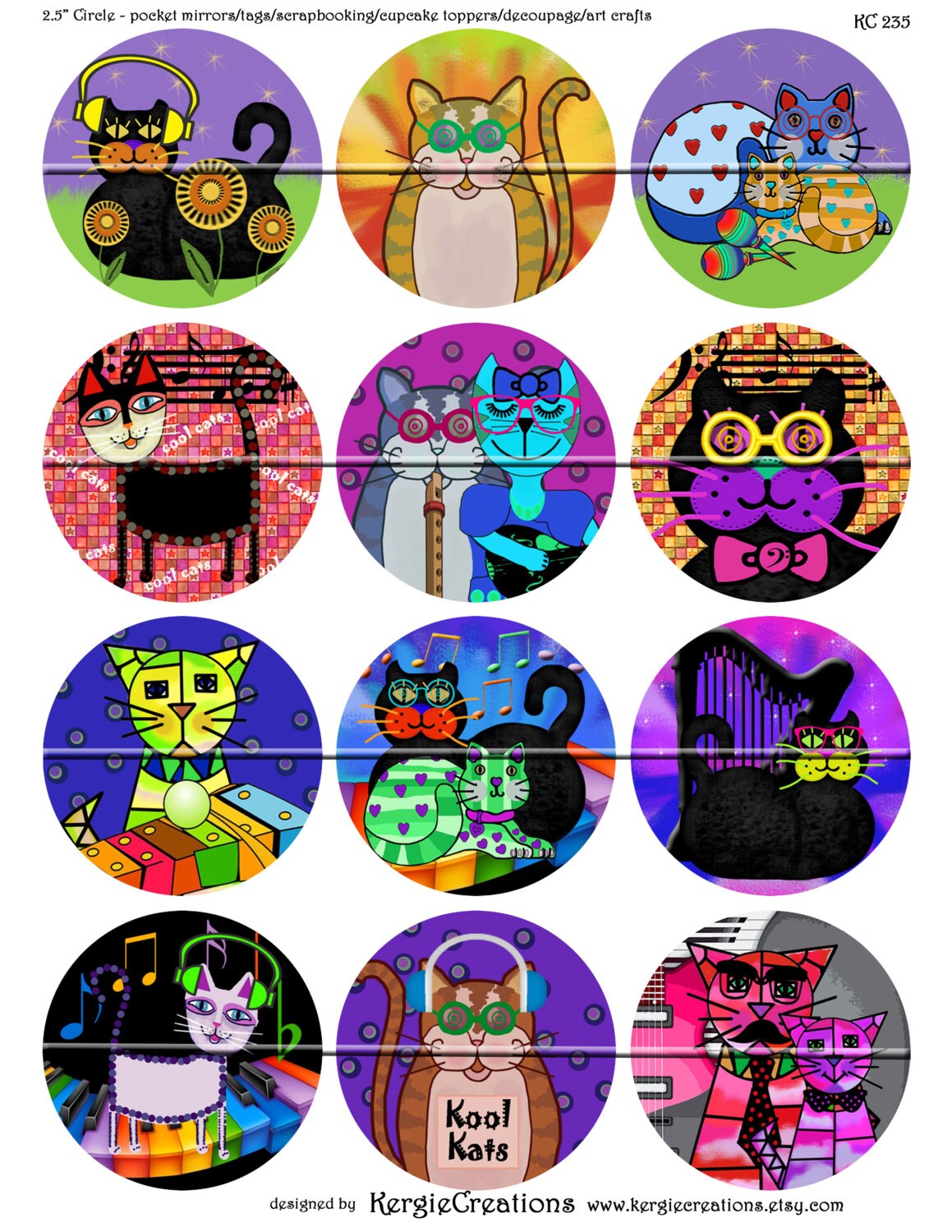 COOL CATS Digital Collage Sheet 2.5 round images for | Etsy