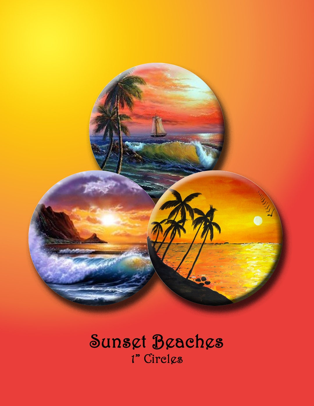 SUNSET BEACHES - Digital Collage Sheet 1 Inch Round Images for Bottle ...