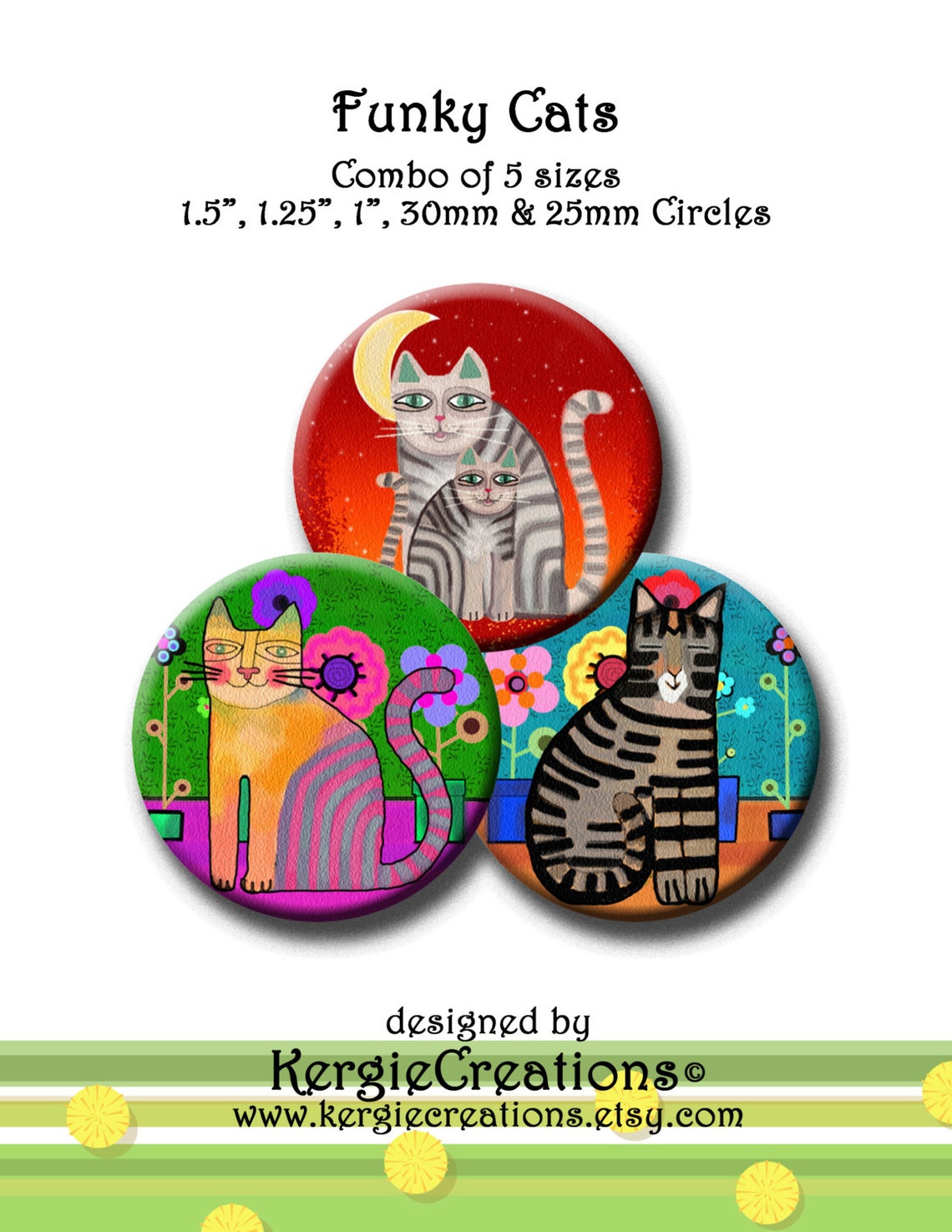 FUNKY CATS - Digital Collage Sheet 1.5", 1.25", 1", 30mm & 25mm Round ...