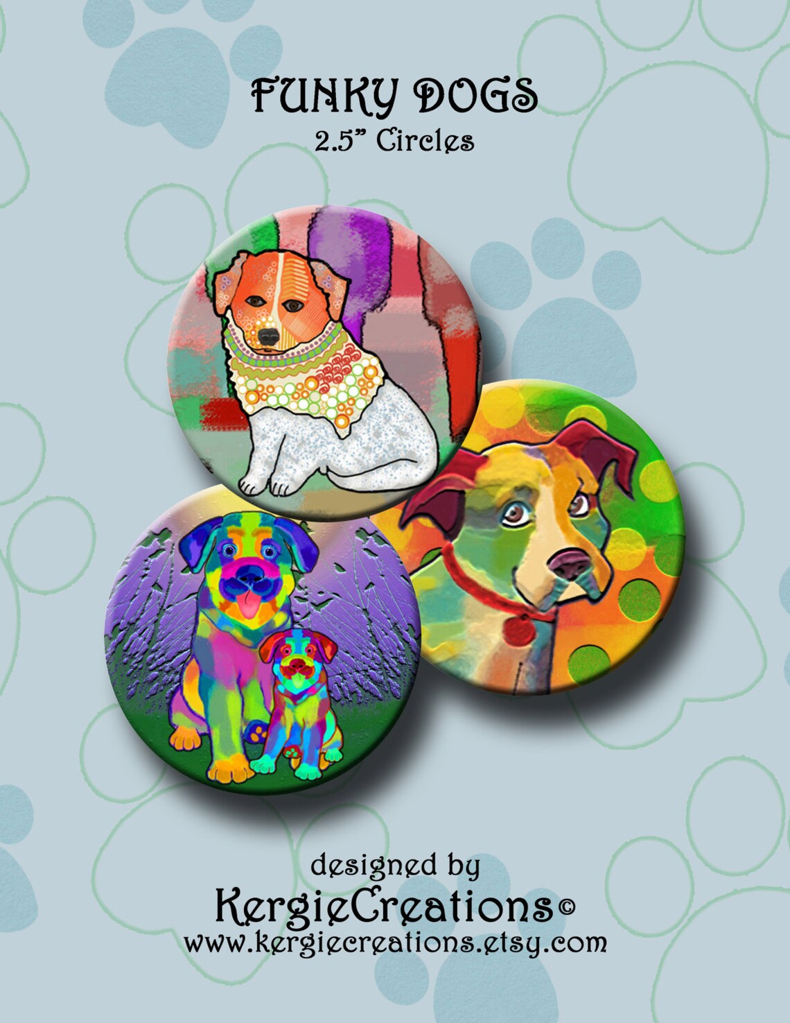 FUNKY DOGS - Digital Collage Sheet - 2.5" Circles for Pocket Mirrors ...
