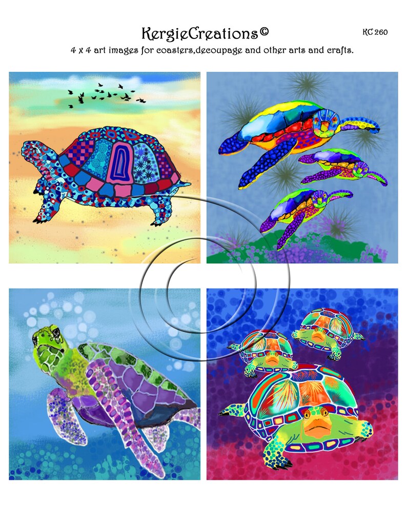 FUNKY TURTLES - Printable Digital Collage Sheet 12 X 4 Inch Squares for ...