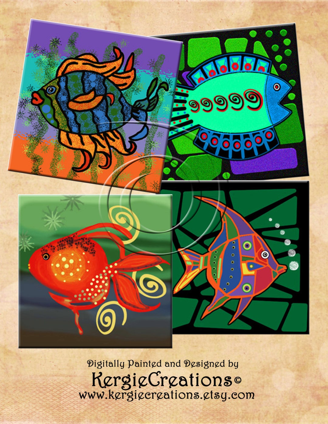 FUNKY FISH - Printable Digital Collage Sheet 12 X 4 Inch Squares for ...
