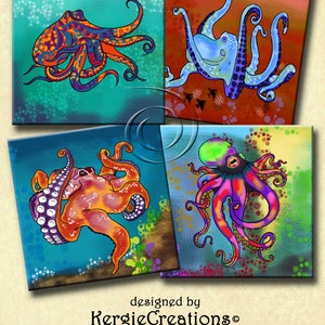 FUNKY OCTOPUSES - Digital Collage Sheet - 4 Inch Squares for Coasters ...