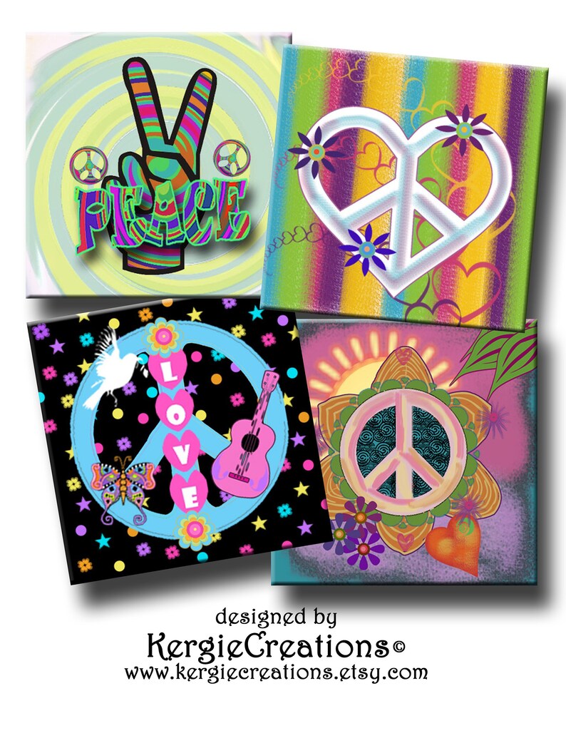 FUNKY PEACE SIGNS - Printable Digital Collage Sheet (12) 4 Inch Squares ...