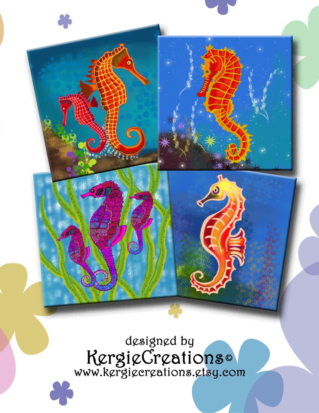 SEAHORSES - Digital Collage Sheet - 4 Inch Squares for Coasters ...