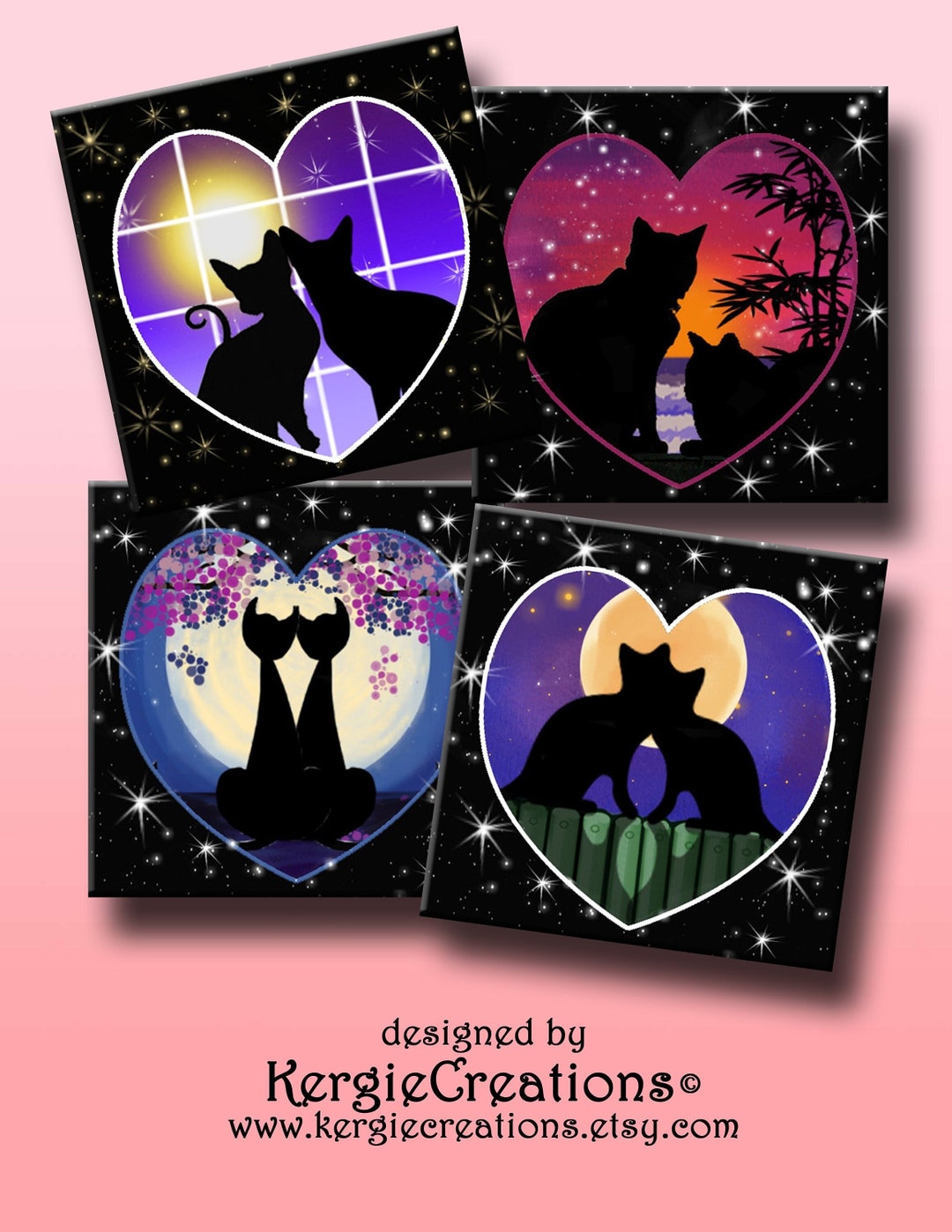 CAT LOVE HEARTS - Digital Collage Sheet - 4 Inch Squares for Coasters ...
