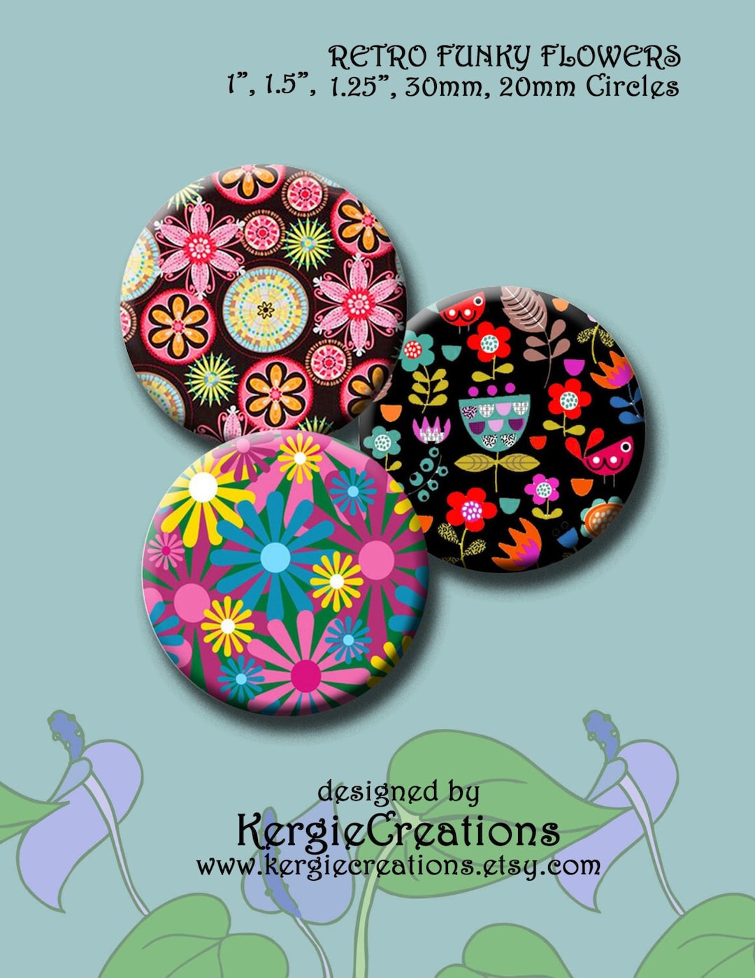Retro Funky Flowers Printable Images: Pendants, Bottle Caps (digital ...
