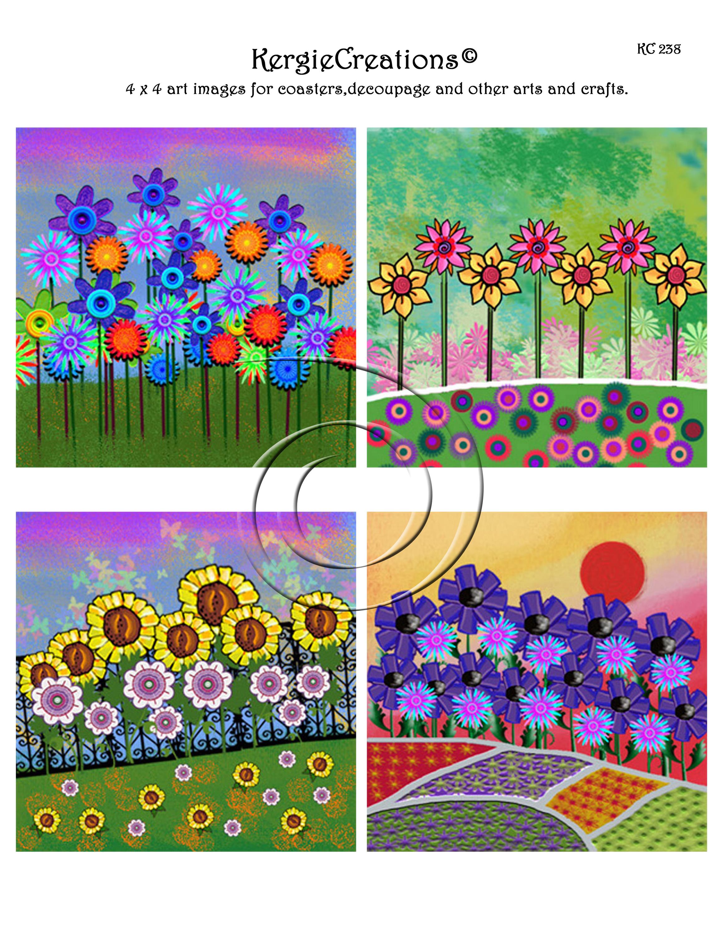 FUNKY FLOWER GARDENS - Printable Digital Collage Sheet (12) 4 Inch ...