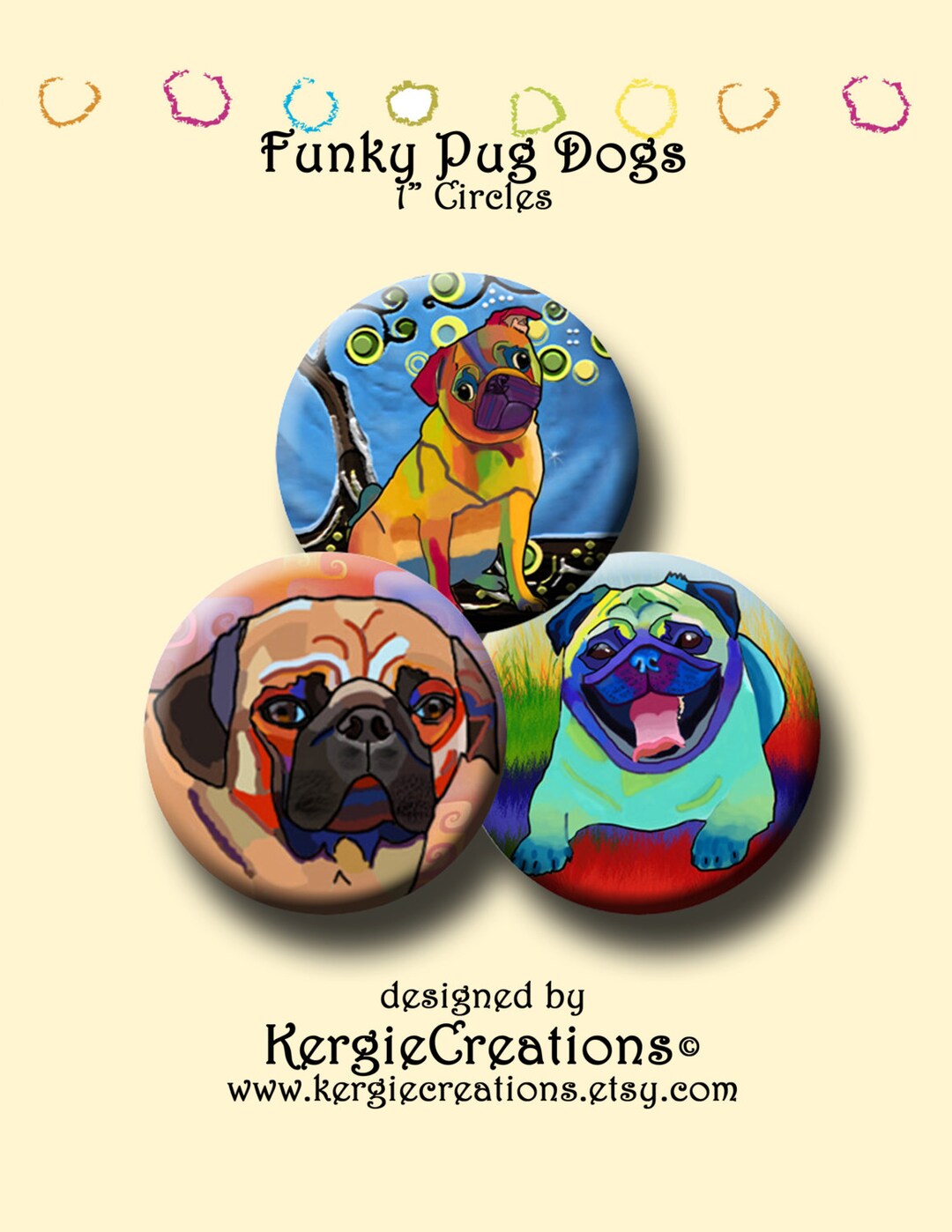 FUNKY PUG DOGS - Digital Collage Sheet 1 Inch Round Images for Bottle ...