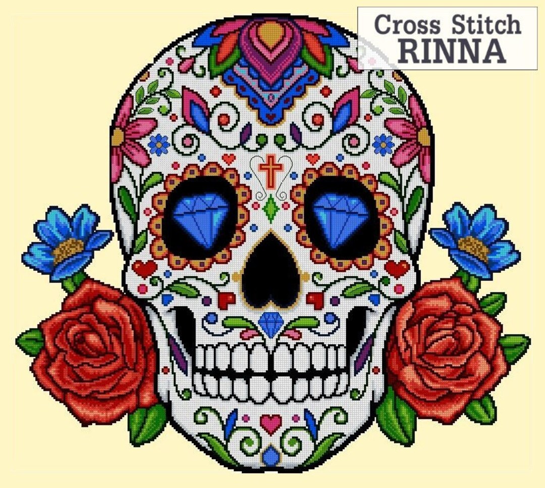 Cross Stitch Pattern Sugar Skull -diamond Eyes and Roses - Sugar Skull ...