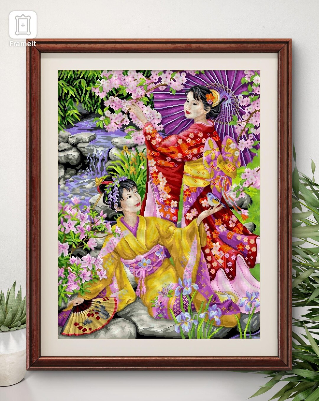 Cross Stitch Pattern Two Geishas Dressed in Spring Kimonos in the ...