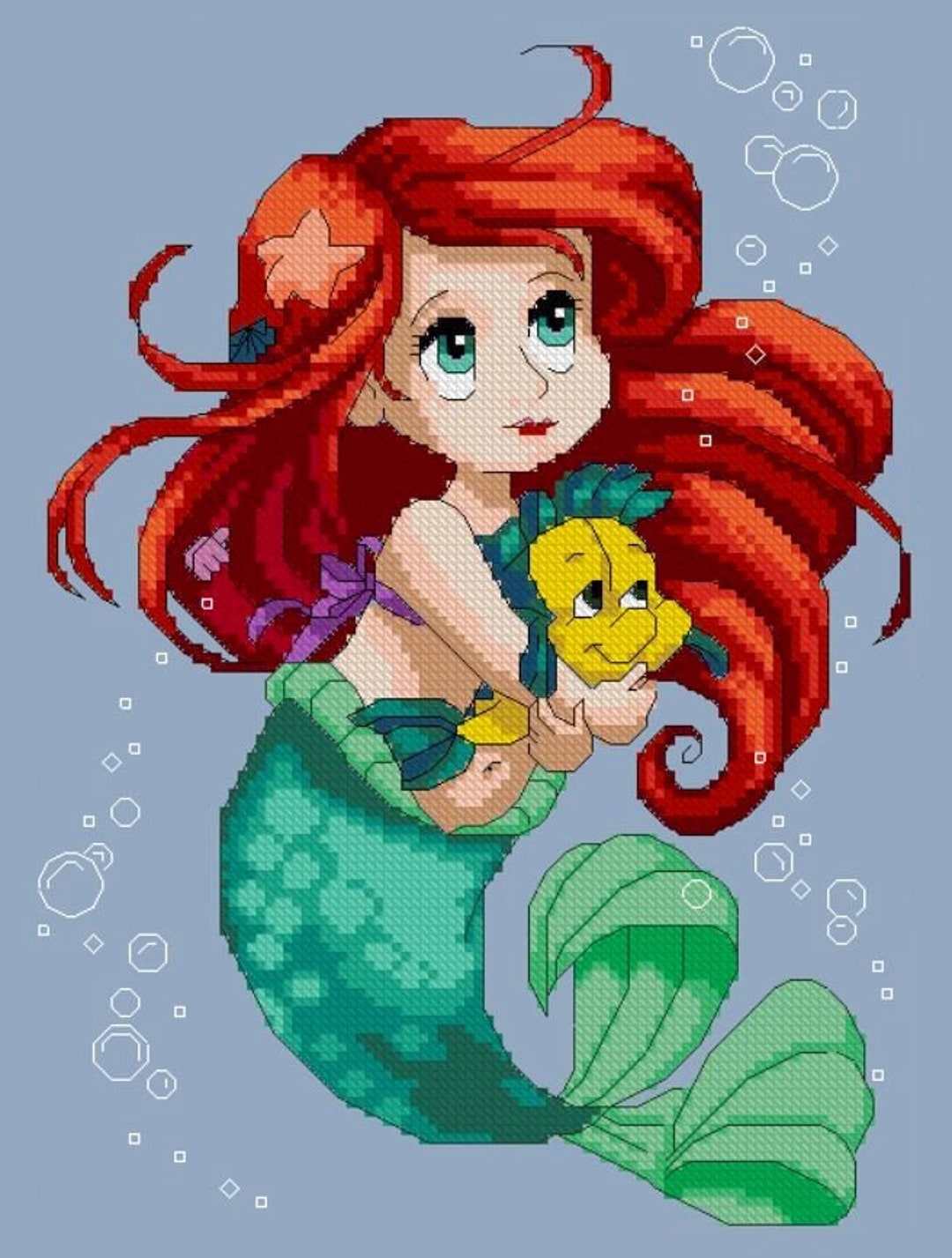 Cute Chibi Mermaid and Her Fish Friend -PDF Cross Stitch Downloadable ...