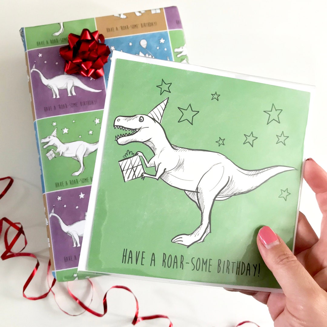 Roar-some Birthday Card and Wrapping Paper Set - Dino Birthday Card ...