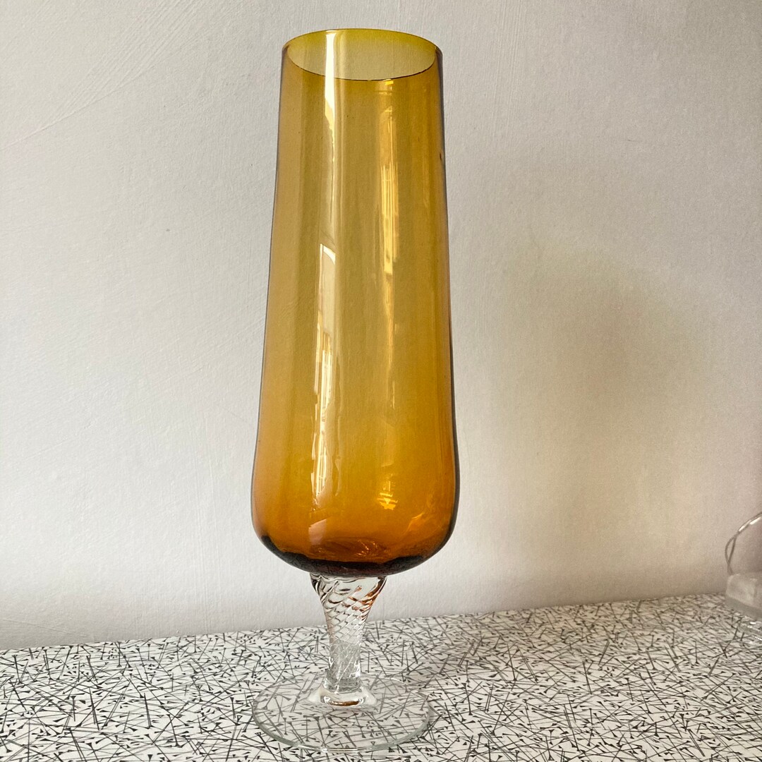Tall Amber Glass Vase Decorative Mcm Style On A Clear Twisted Glass Stem Etsy