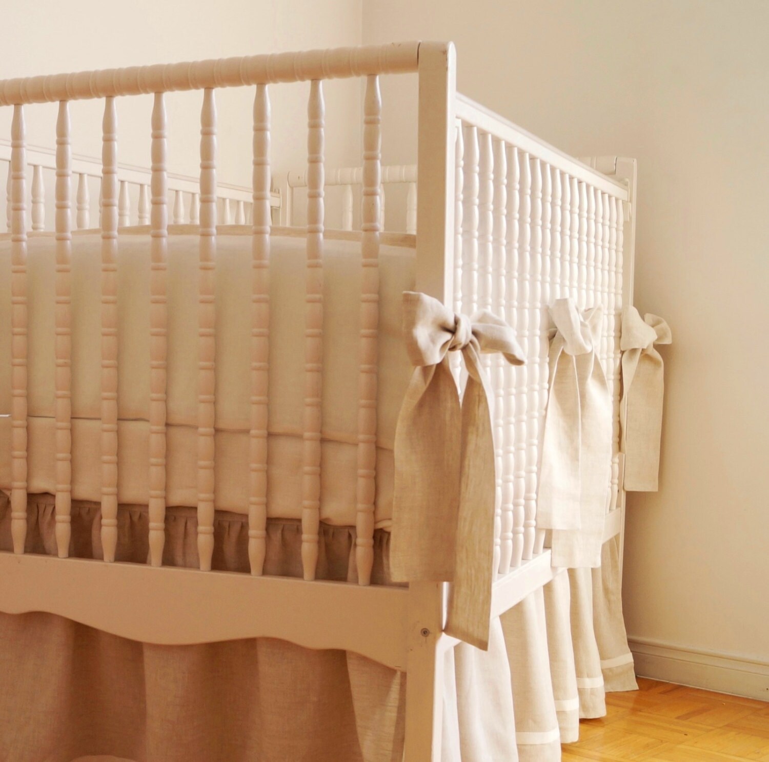 Natural Linen Crib Bedding - Gathered Skirt, - Nursery Bedding, Baby ...