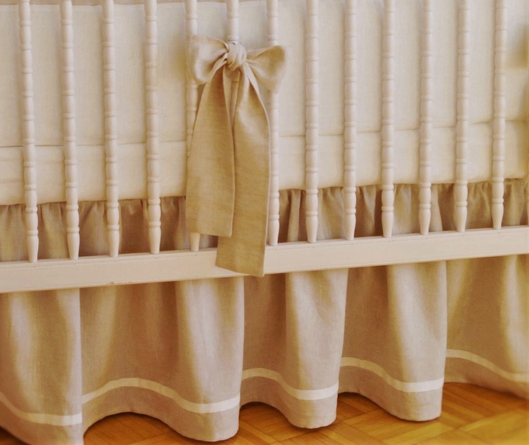 Natural Linen Crib Bedding - Gathered Skirt, - Nursery Bedding, Baby ...