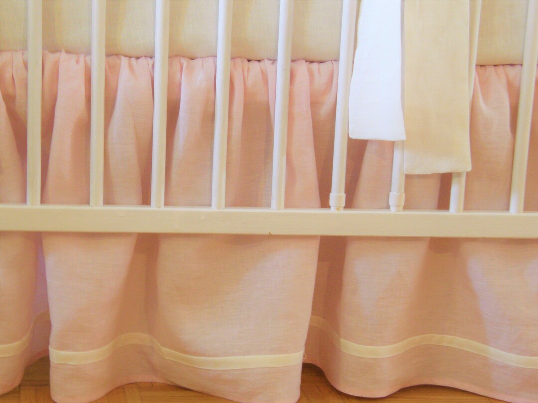 Linen Crib Bedding - Gathered Skirt, Pink Linen - Girl Nursery Bedding ...