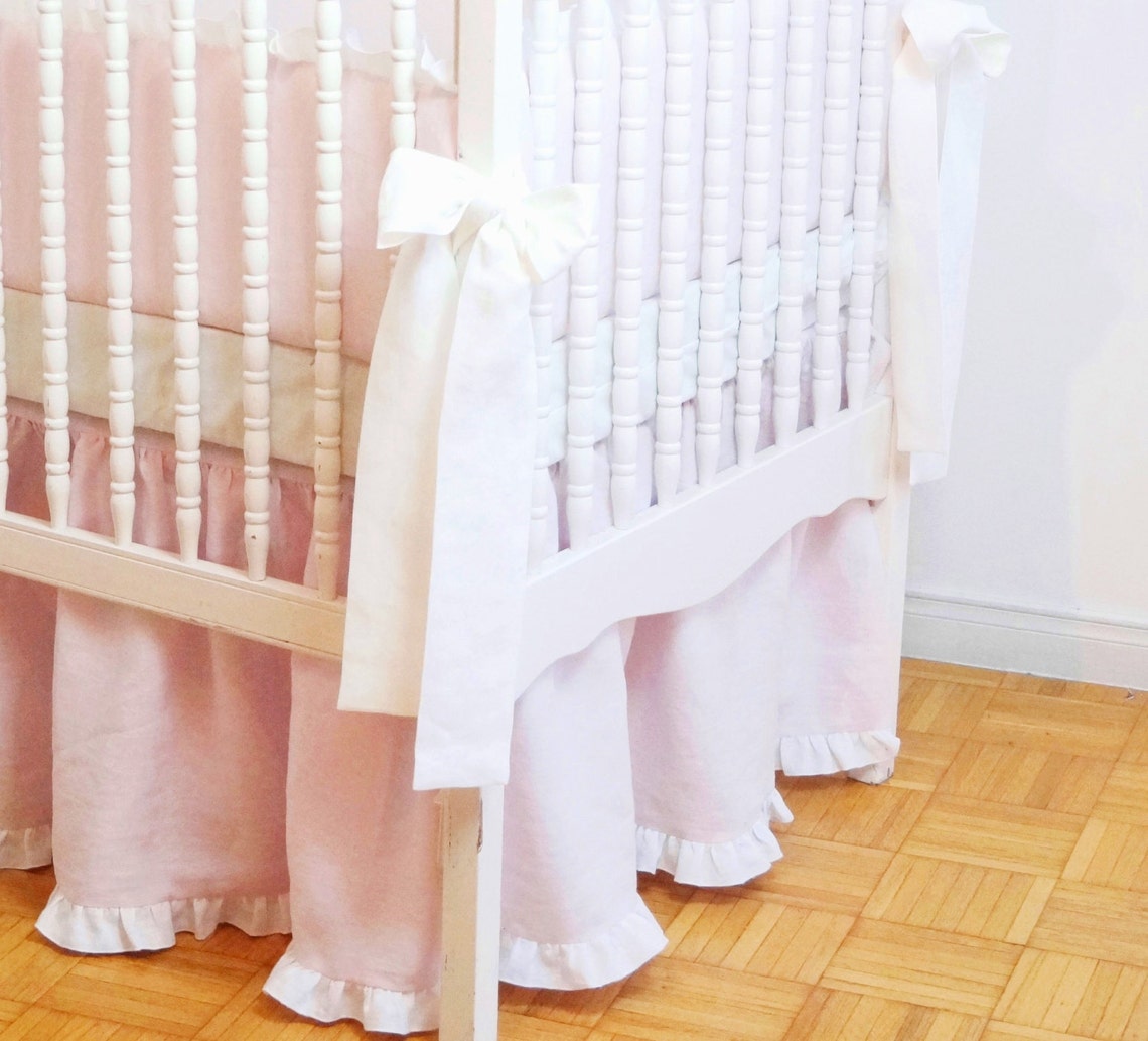 Linen Crib Bedding - Gathered Skirt Light Pink With Ruffle , - Girl ...