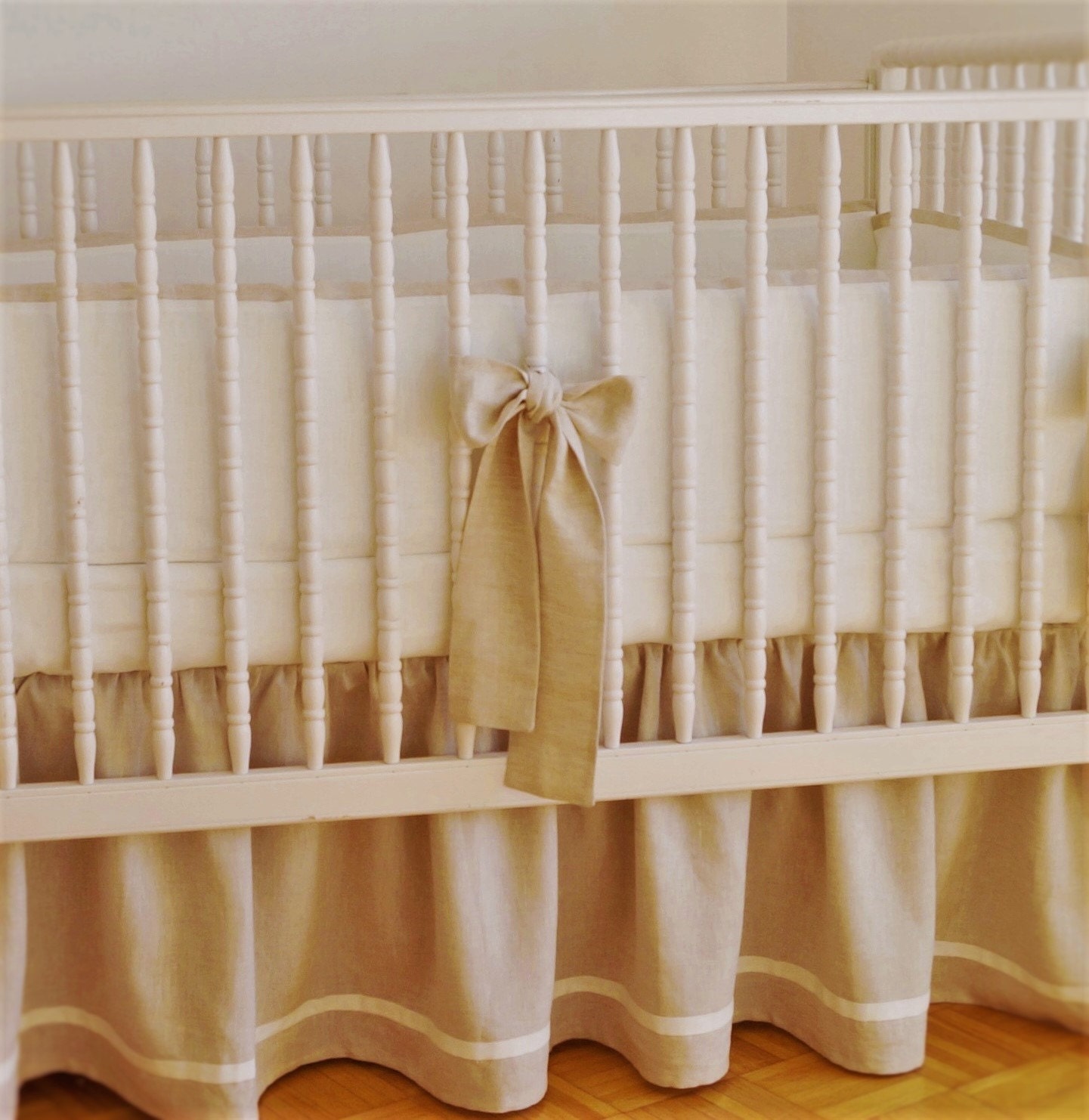 Natural Linen Crib bedding gathered skirt 4 side bumper | Etsy