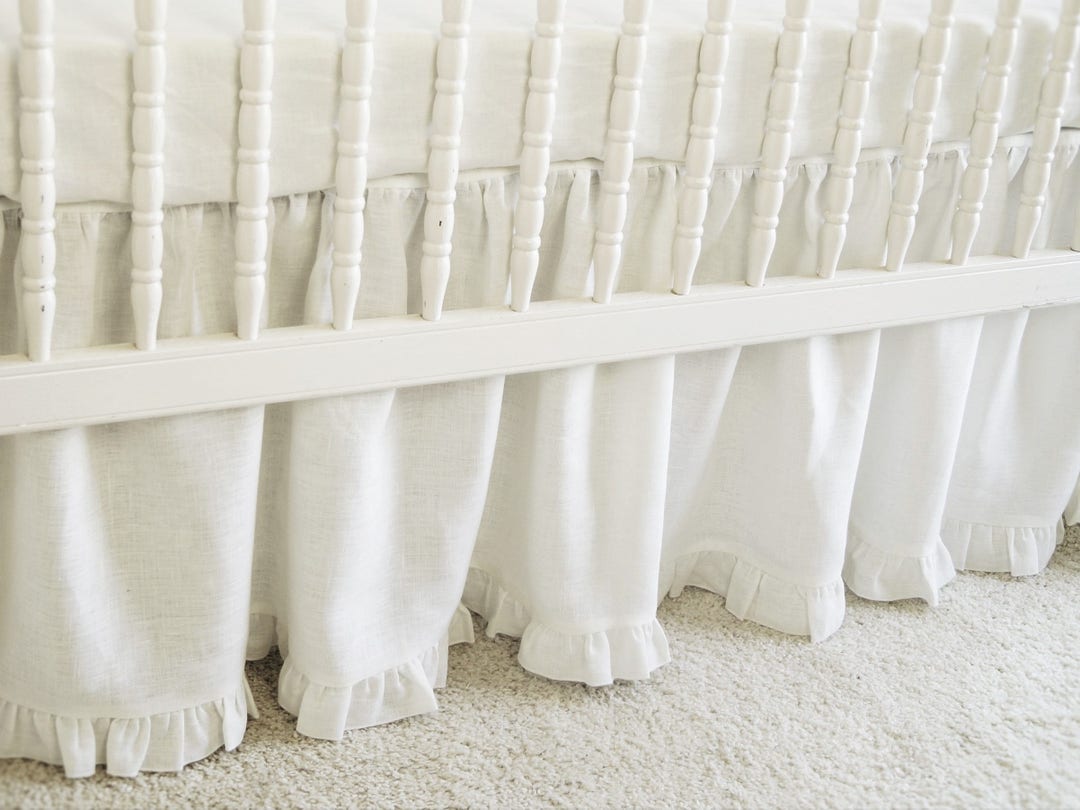 White Linen Crib Bedding - Gathered Skirt With Ruffle - Etsy