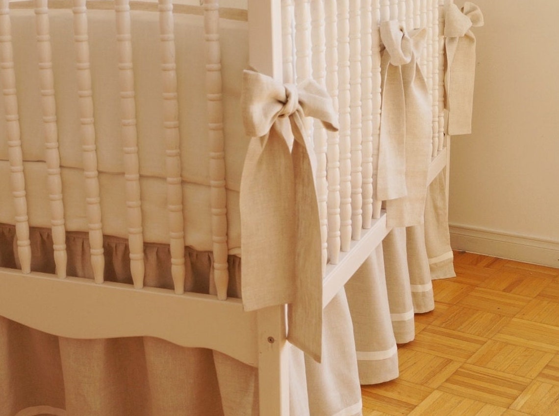 Natural Linen Crib Bedding - Gathered Skirt, - Nursery Bedding, Baby ...