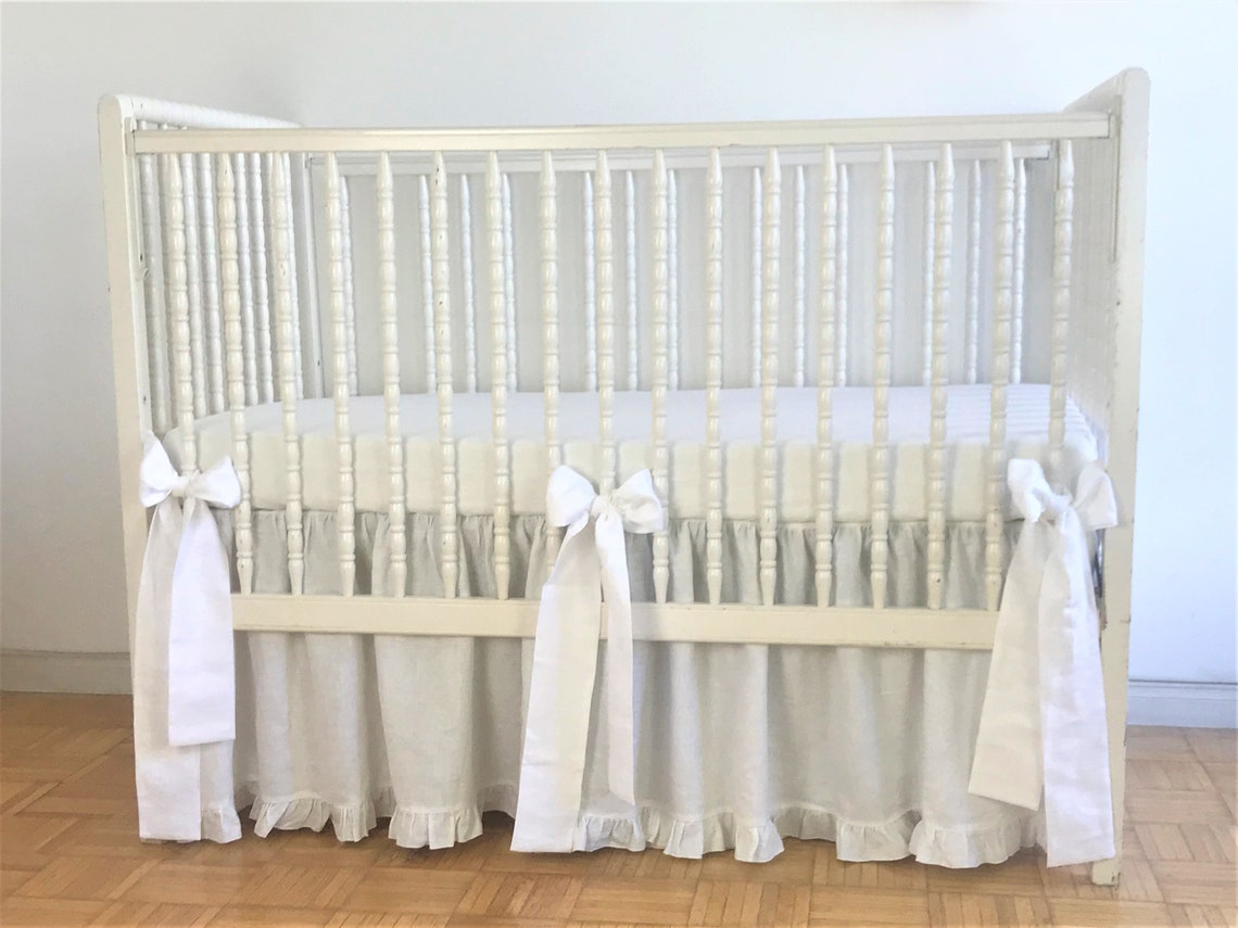 White Linen Crib Bedding - Gathered Skirt With Ruffle - Etsy