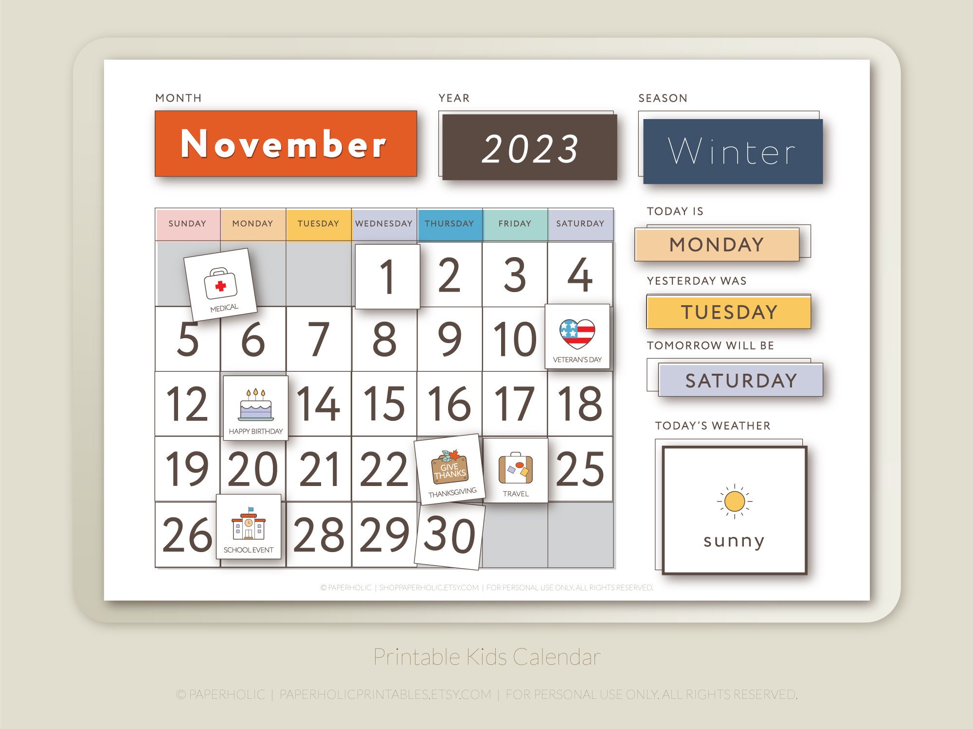 Kids Perpetual Calendar; Printable Learning Activity Homeschool ...