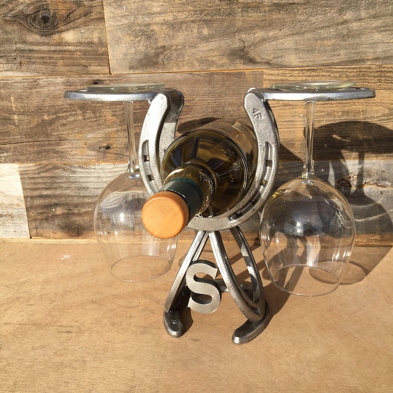 Custom Rustic Horseshoe Wine Bottle Holder and Glass Holder - Etsy