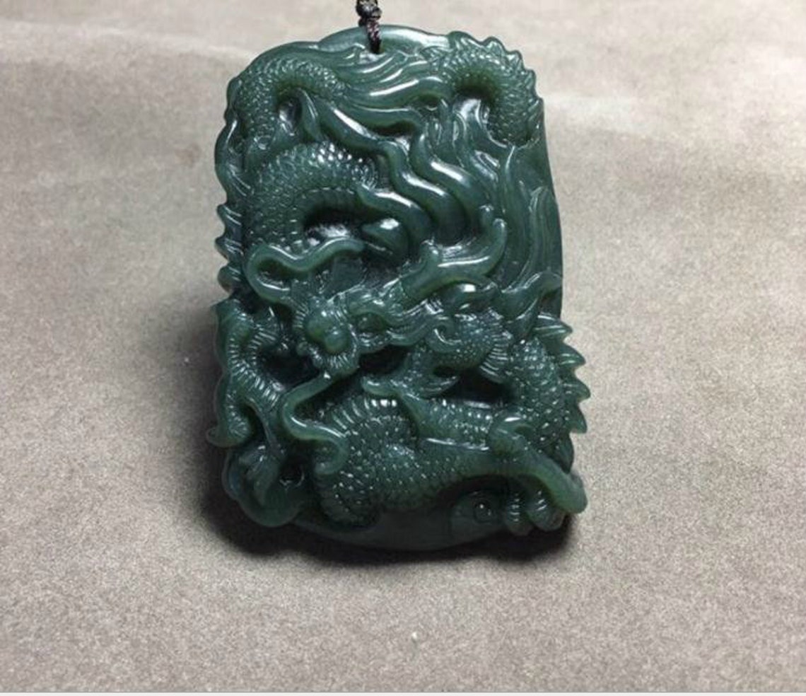 Carved Natural Drak Green Nephrite Jade Ancient Chinese Dragon Pendant ...