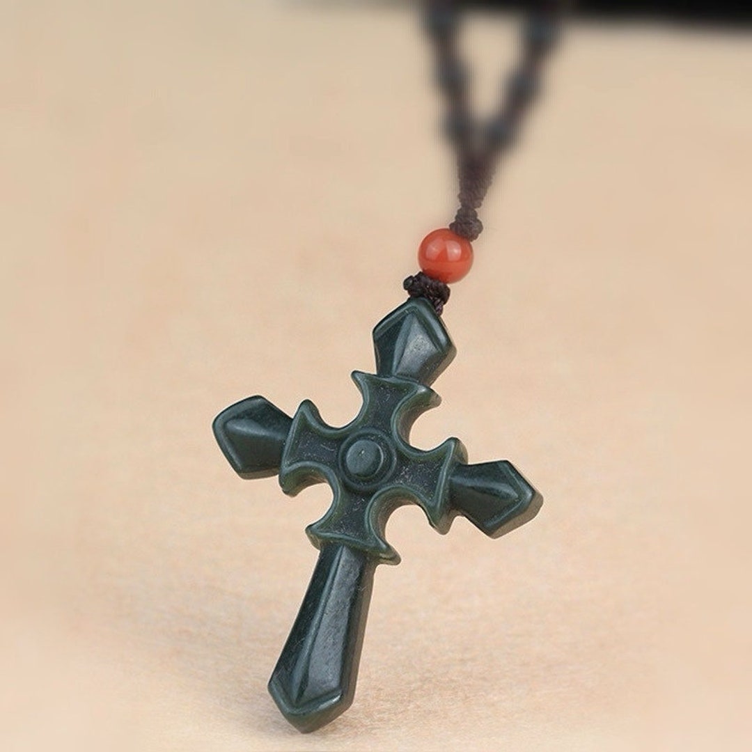 Natural Jade Cross Pendant,dark Green Nephrite Crucifix Statement ...