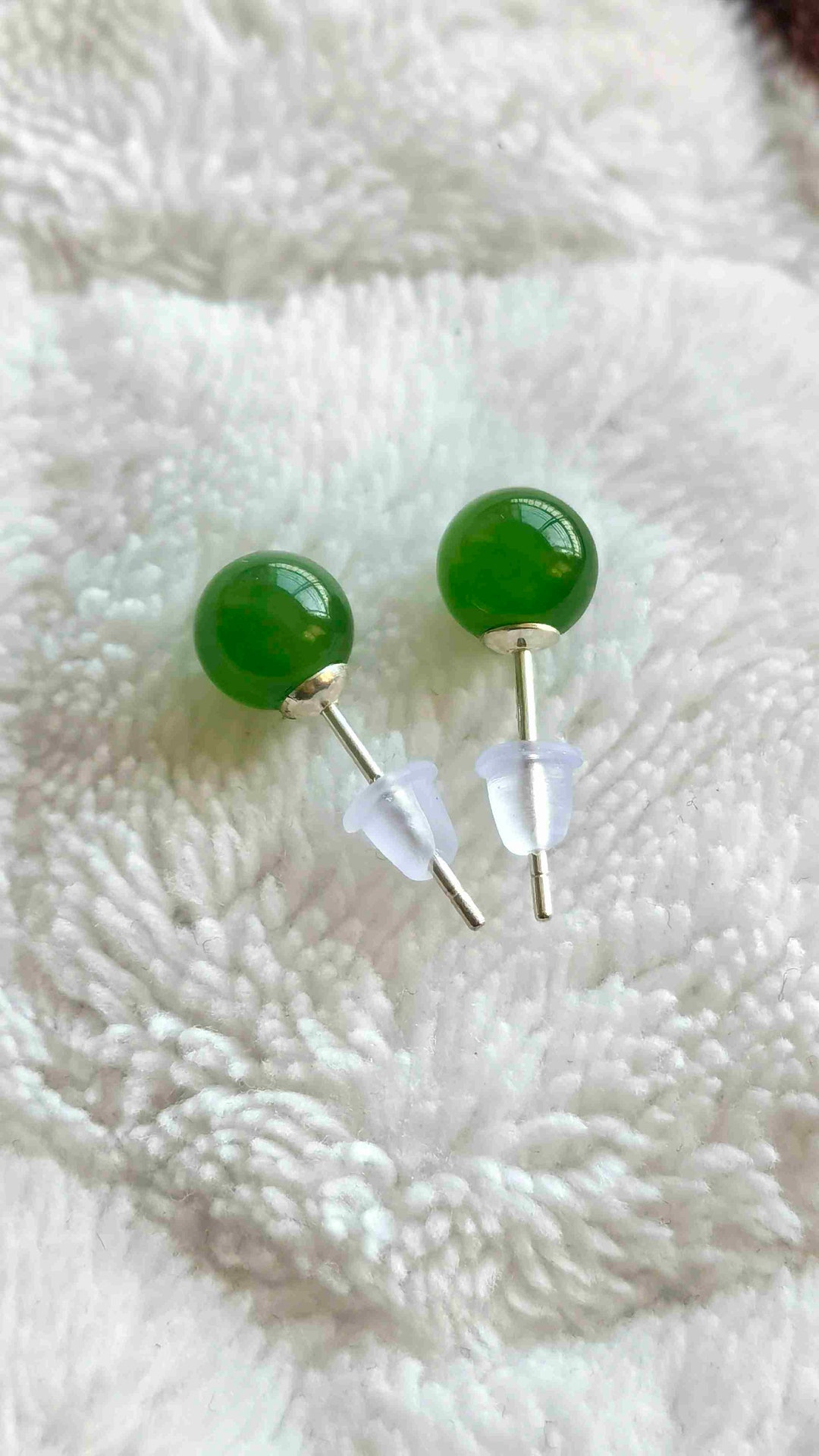 Dainty Small Nephrite Green Jade Ball Stud Post Earrings in 925 Silver ...