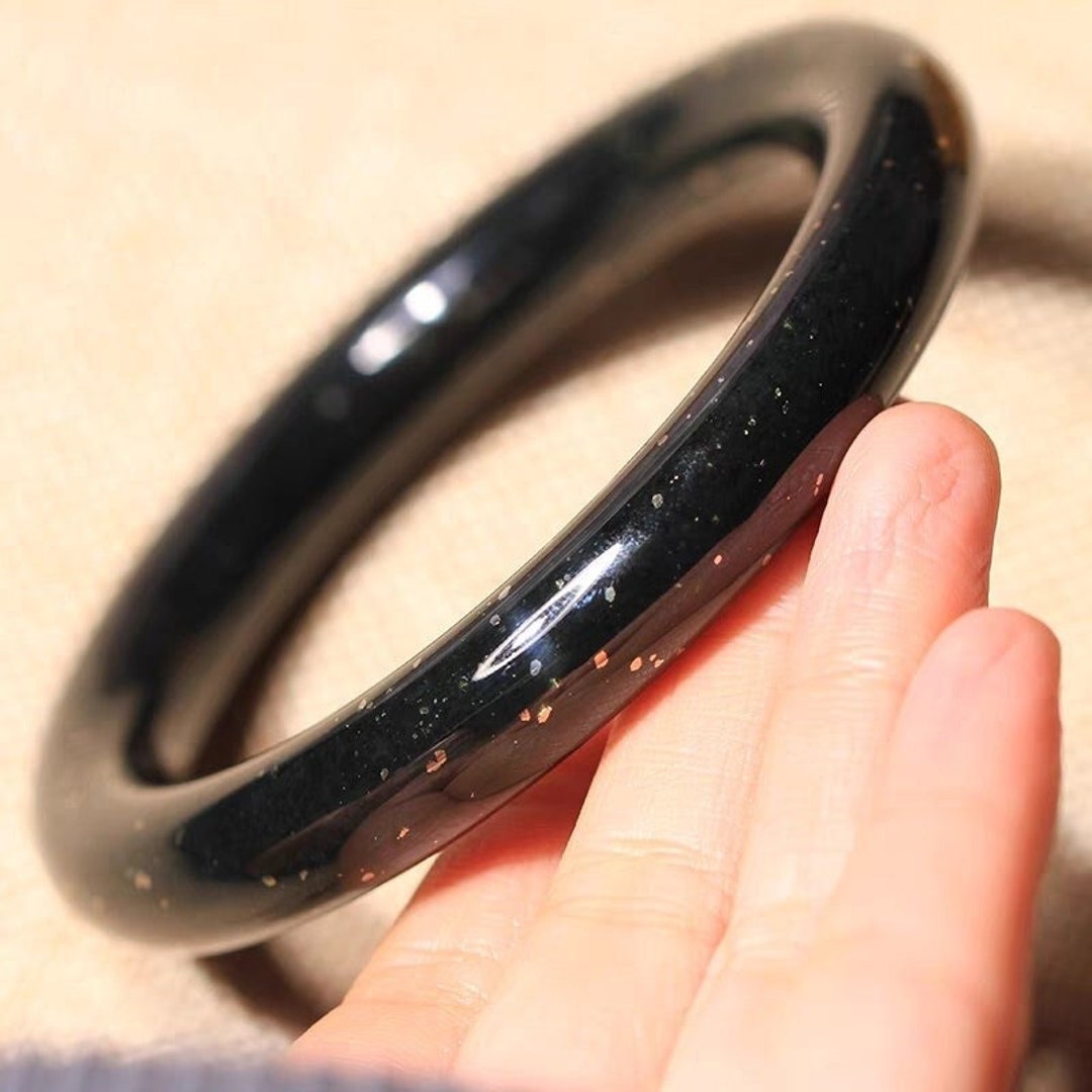Natural Black Cyan Nephrite Jade With Shining Gold Dots Round Bracelet ...