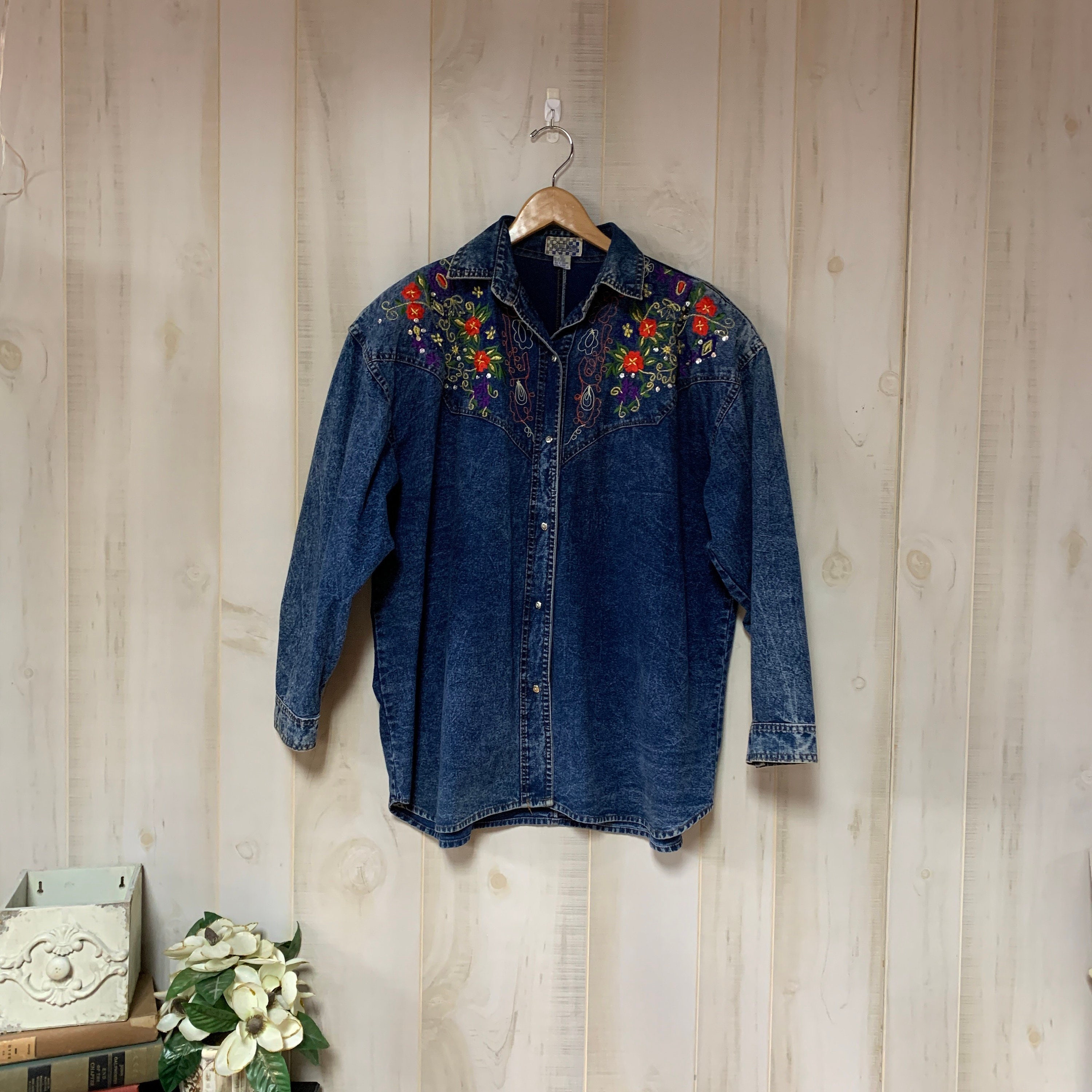 Vintage 80s Pretty Bleu Embroidered Floral Jean Shirt Jacket - Etsy.de