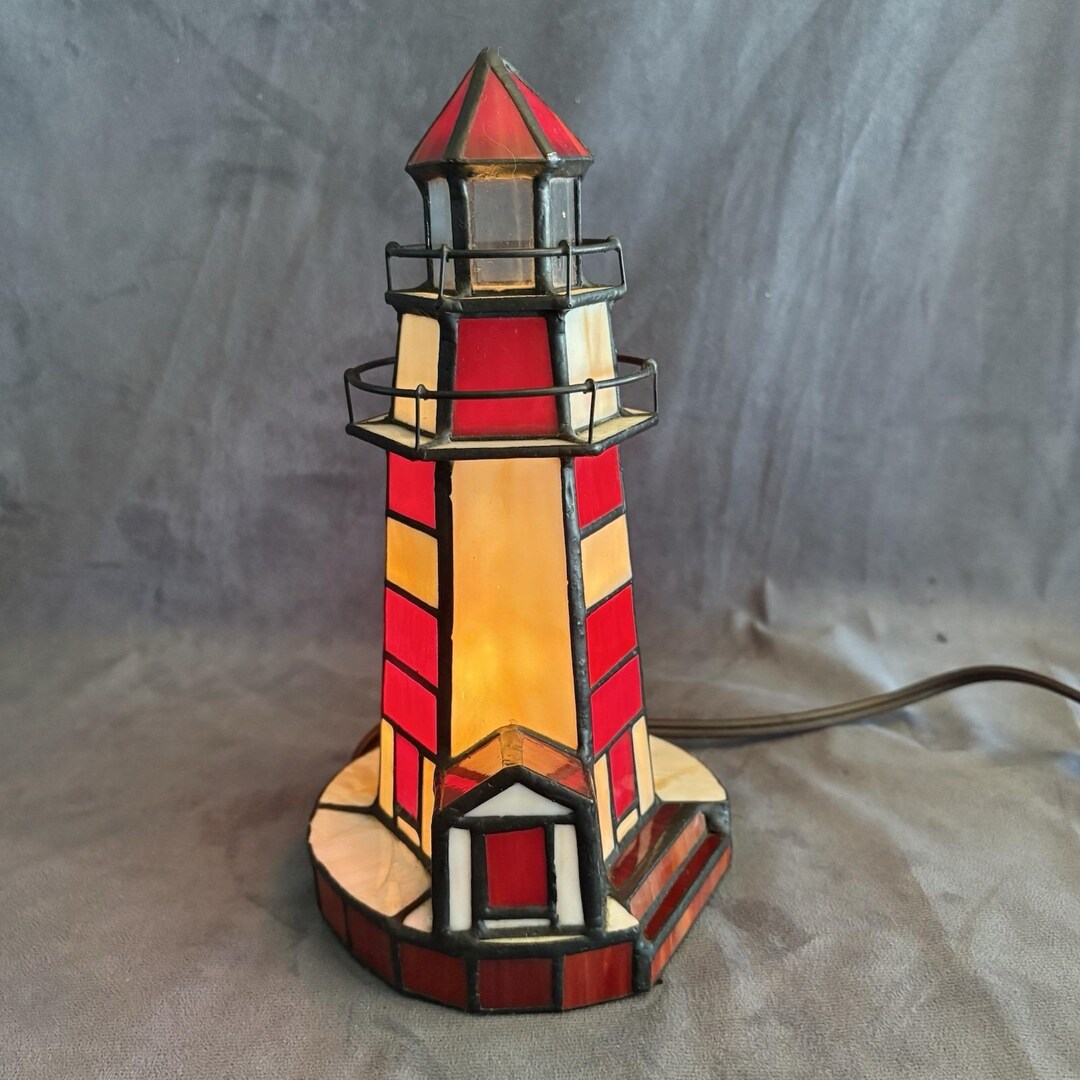 Vintage Stained Glass Lighthouse Accent Lamp Red White Plug-in Light ...