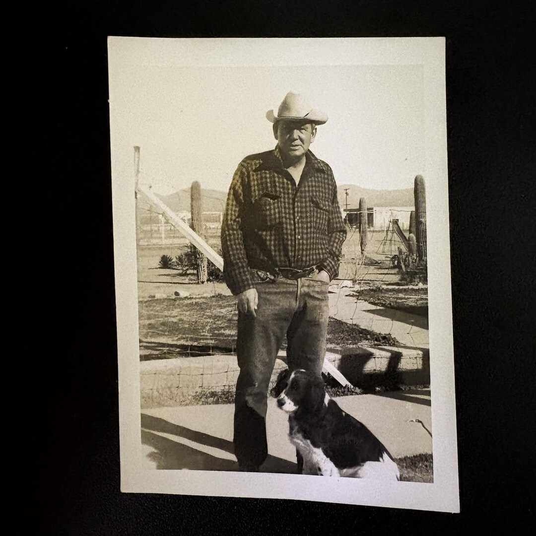 Vintage 1960s Snapshot Cowboy With Springer Spaniel Dog Southwest ...