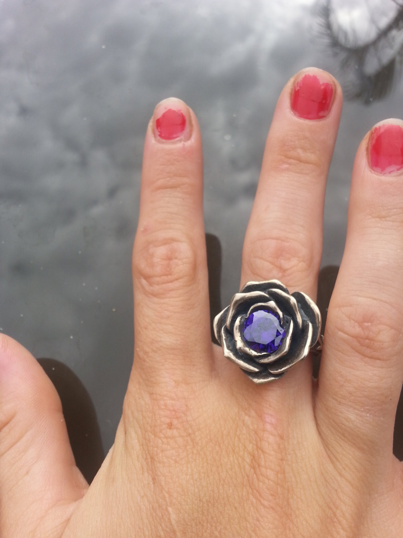 Chunky Rose Ring,sterling Silver,large Amythest Cz,cubic Zirconia,rose ...