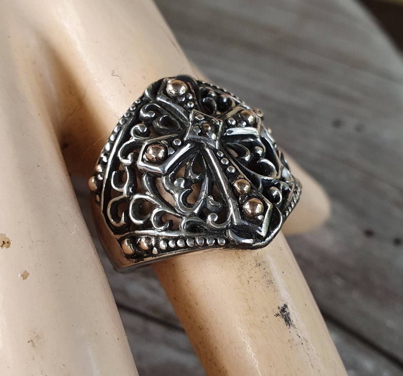 Two Tone Cross Ring,sterling Silver,10k Gold,filegree Cross,large Cross ...