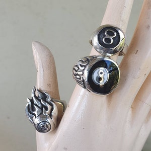 Eight Ball,flame Ring,snooker,pool,billards, Biker,rockabilly,sterling ...