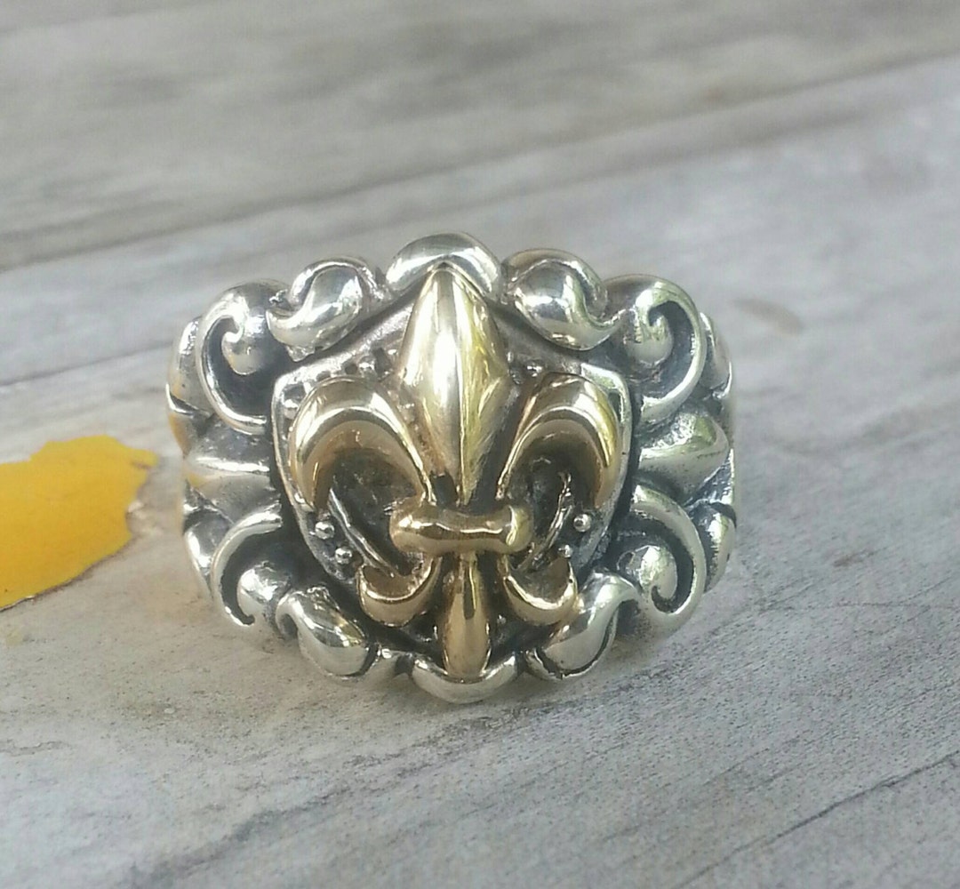 Fluer De Lis Ring,two Tone,9ct Gold,sterling Silver,mans Wedding Ring ...