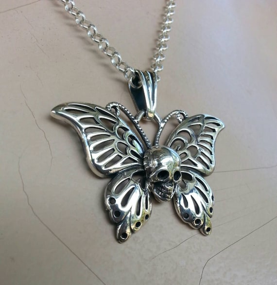 Skull Butterfly Pendant large Sterling Silver filegree butterfly skull Tattoo Punk steampunk gothic grunge handmade boho vintage gypsy Etsy