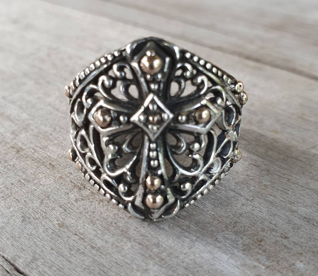 Two Tone Cross Ring,sterling Silver,10k Gold,filegree Cross,large Cross ...