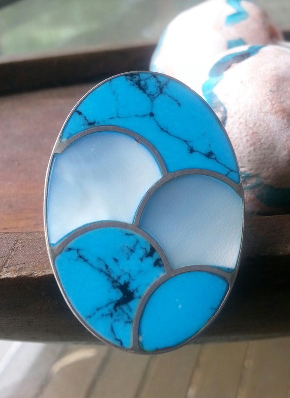 Large oval ring,925 sterling silver,inlay turquoise a… - Gem