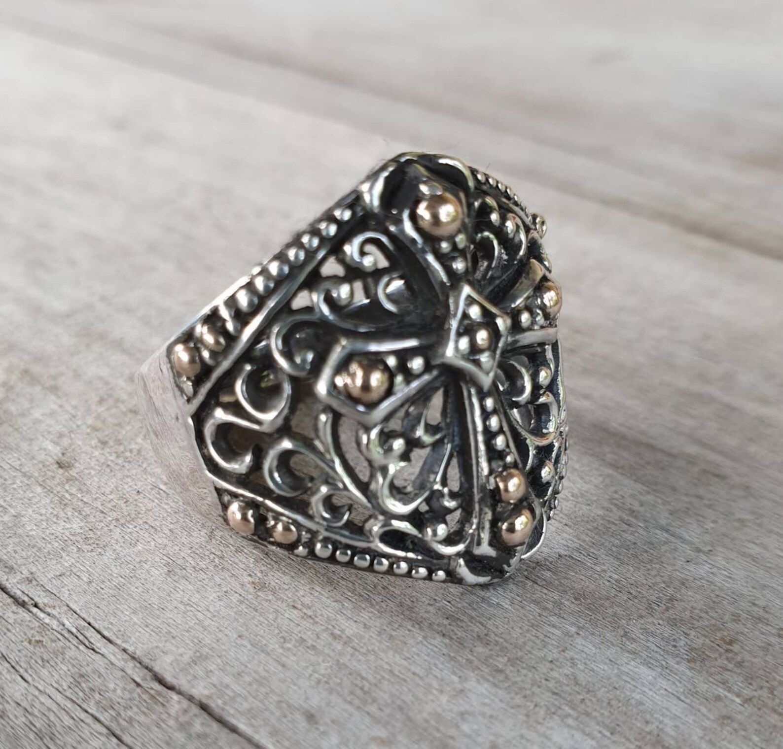 Two Tone Cross Ring,sterling Silver,10k Gold,filegree Cross,large Cross ...