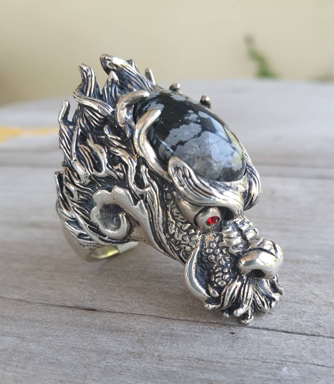 Dragon Ring,obsidian Snowflake,sterling Silver,geiger,steampunk ...