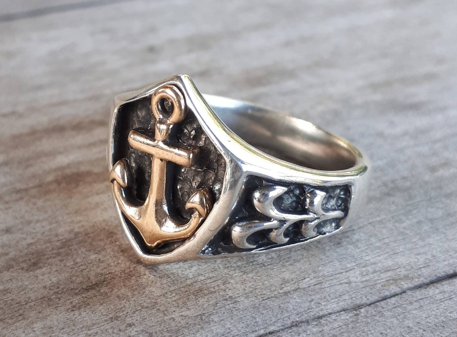 Anchor Ring,9k Gold Anchor Ring,two Tone,sterling Silver Anchor,mixed ...