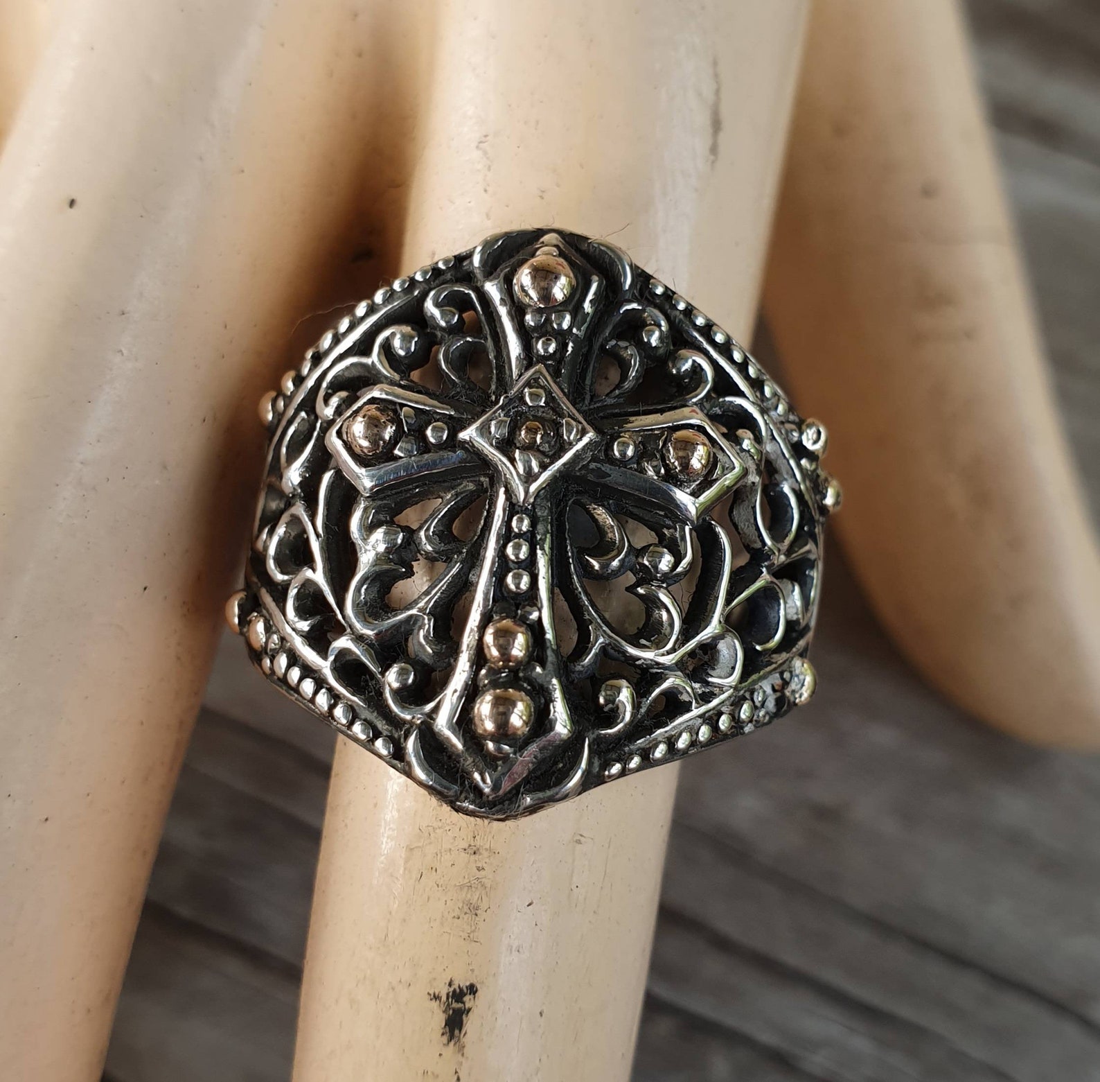 Two Tone Cross Ring,sterling Silver,10k Gold,filegree Cross,large Cross ...