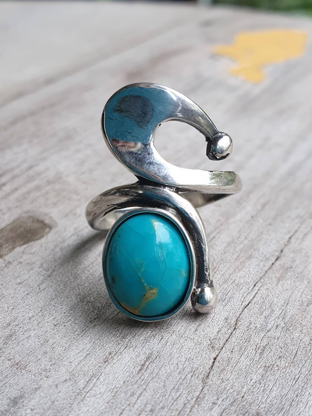 Long Turquoise Ring Sterling Silver Art Deco Art Nouveau Swirl. - Etsy