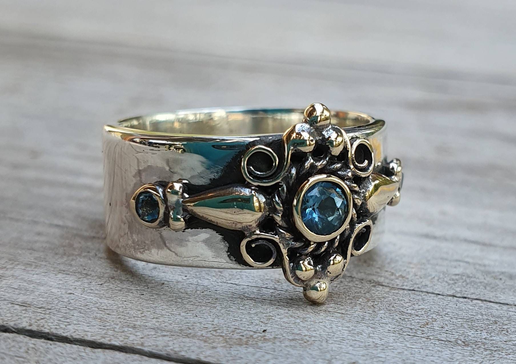 Gold and silver ring two tonesterling silver9ct goldtopaz | Etsy